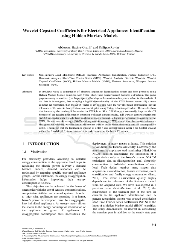 Pdf Wavelet Cepstral Coefficients For Electrical Appliances Identification Using Hidden Markov