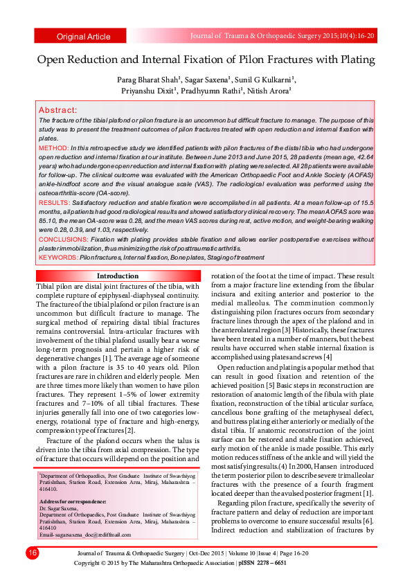 (PDF) Open Reduction and Internal Fixation of Pilon Fractures with Plating
