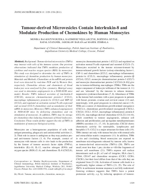 (PDF) Tumour-derived microvesicles contain interleukin-8 and modulate ...