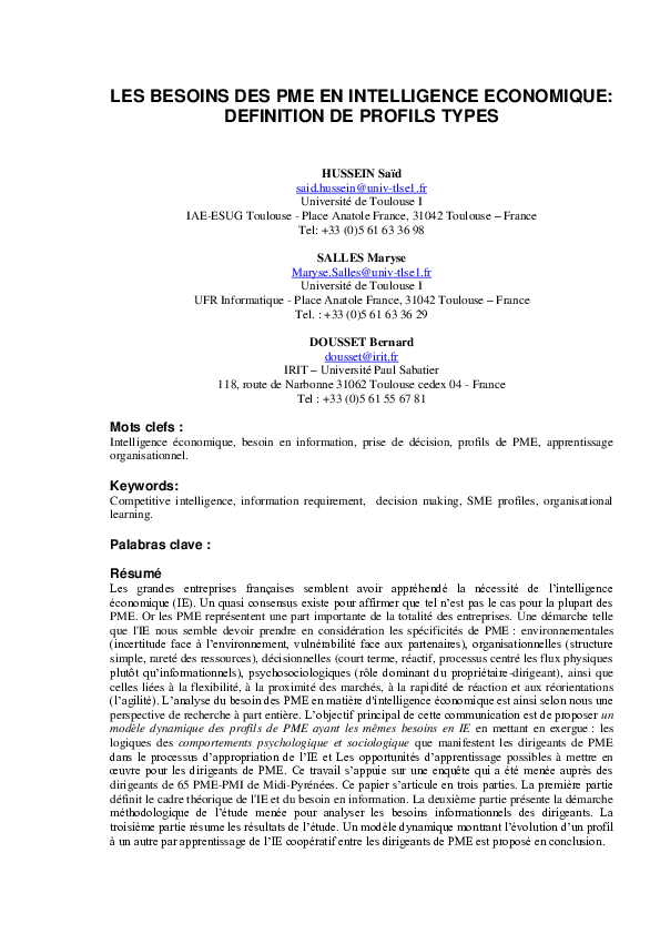 (PDF) Les besoins des PME en intelligence économique : définition de ...