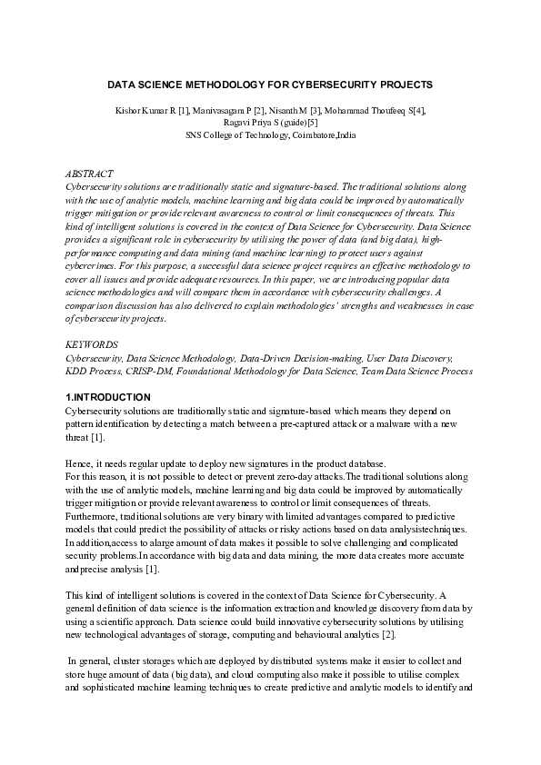 (DOC) DATA SCIENCE METHODOLOGY FOR CYBERSECURITY PROJECTS | MANIVASAGAM P - Academia.edu