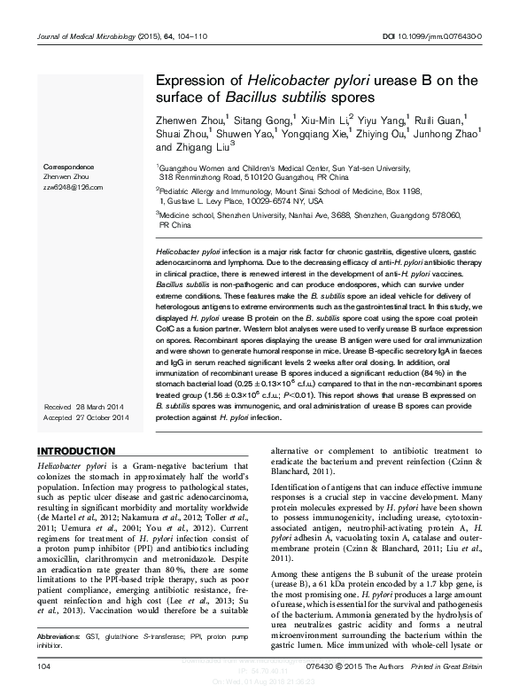 (PDF) Expression of Helicobacter pylori urease B on the surface of ...