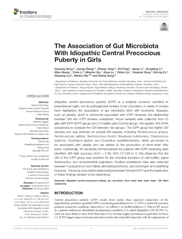 (PDF) The Association of Gut Microbiota With Idiopathic Central Precocious Puberty in Girls