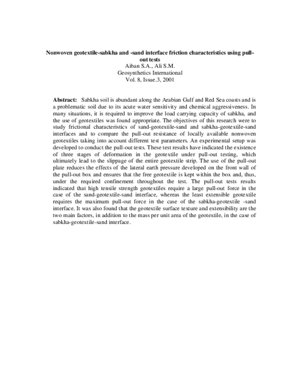 (PDF) Nonwoven Geotextile-Sabkha and -Sand Interface Friction ...
