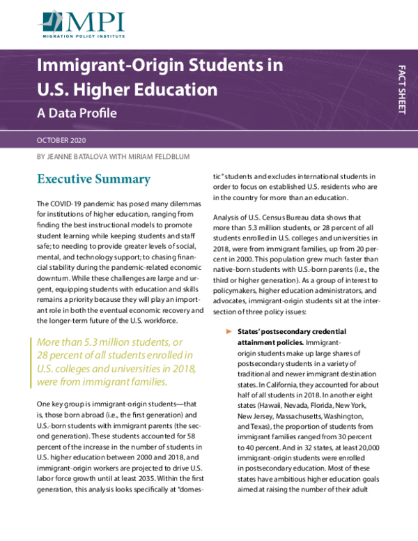(PDF) Immigrant-Origin Students in U.S. Higher Education: A Data ...