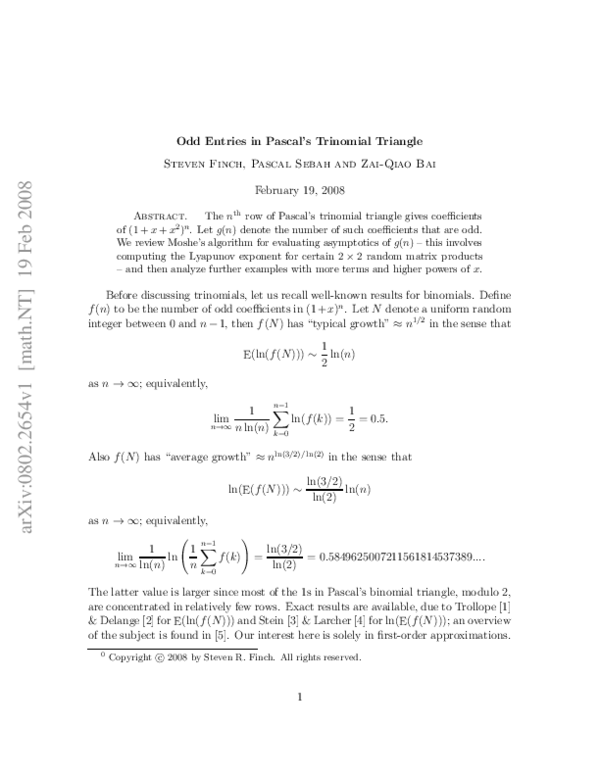 (PDF) Odd entries in Pascal's trinomial triangle