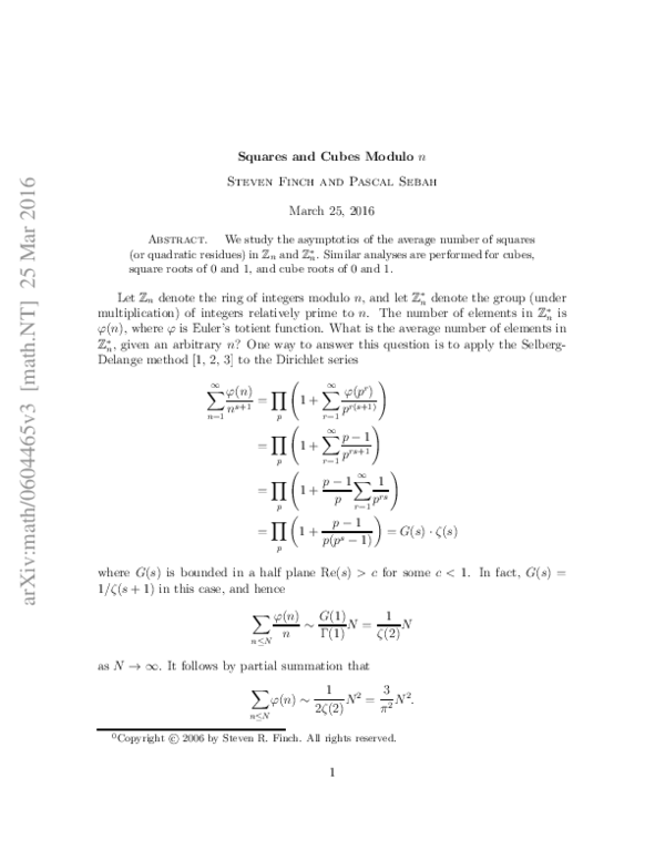 (PDF) Squares and cubes modulo n | Pascal Sebah - Academia.edu