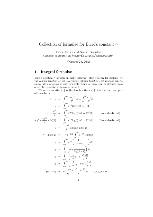 (PDF) Collection of formulae for Euler's constant γ
