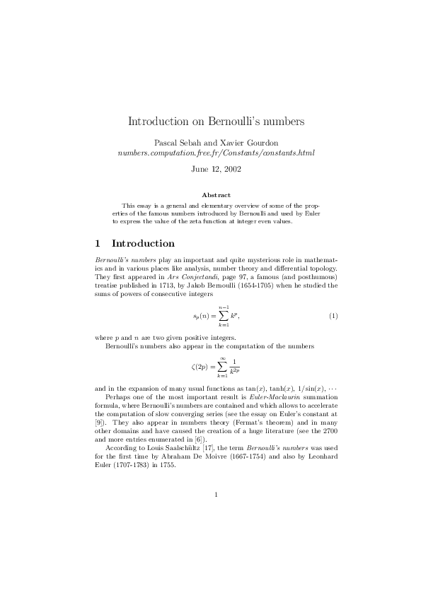 (PDF) Introduction on Bernoulli's numbers
