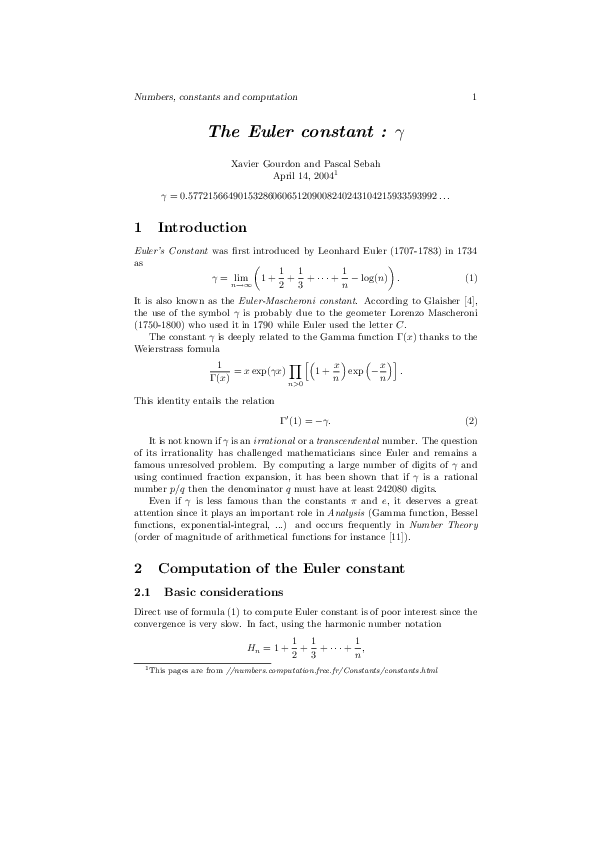 Pdf Numbers Constants And Computation 1 The Euler Constant γ