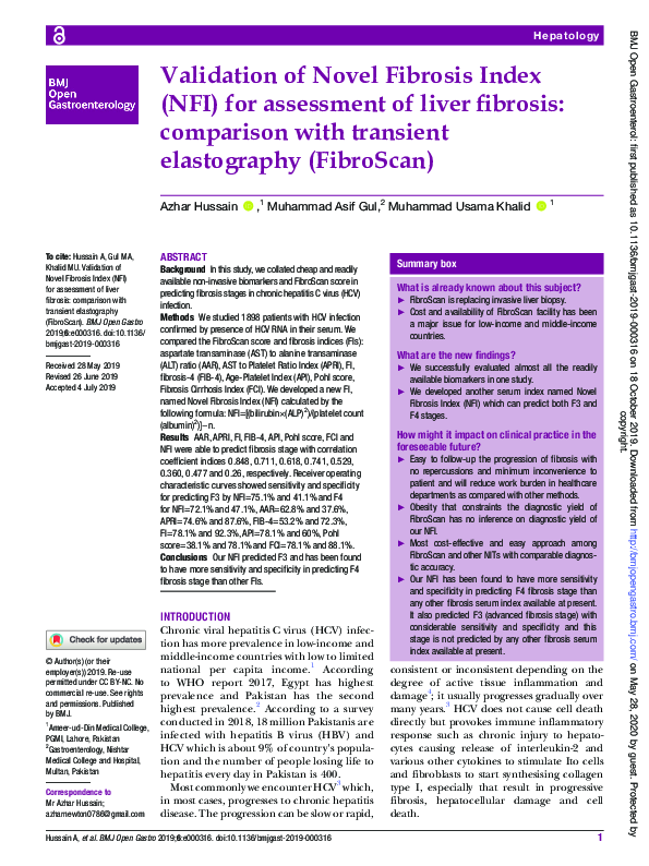 Pdf Validation Of Novel Fibrosis Index Nfi For Assessment Of Liver Fibrosis Comparison With