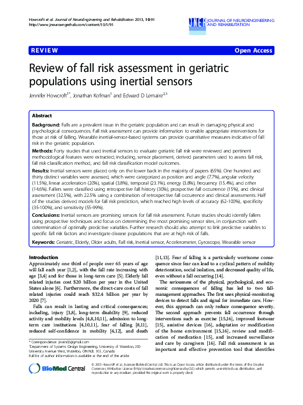 (PDF) Review of fall risk assessment in geriatric populations using inertial sensors