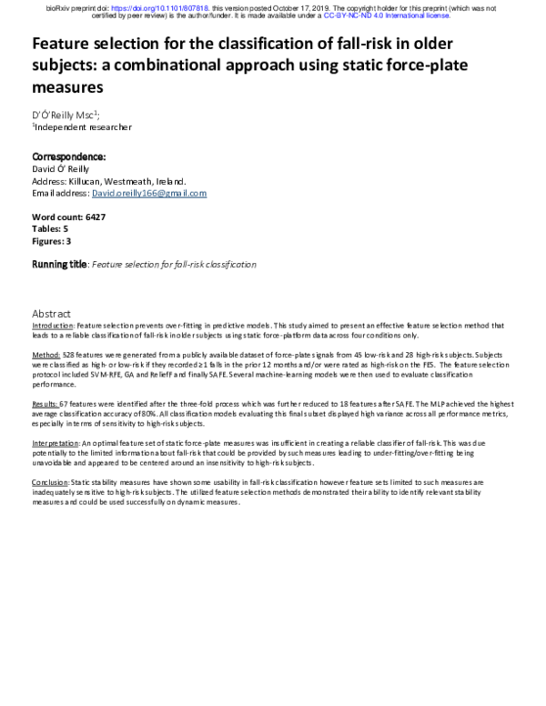 Pdf Prospective Elderly Fall Prediction By Older Adult Fall Risk Modeling With Feature