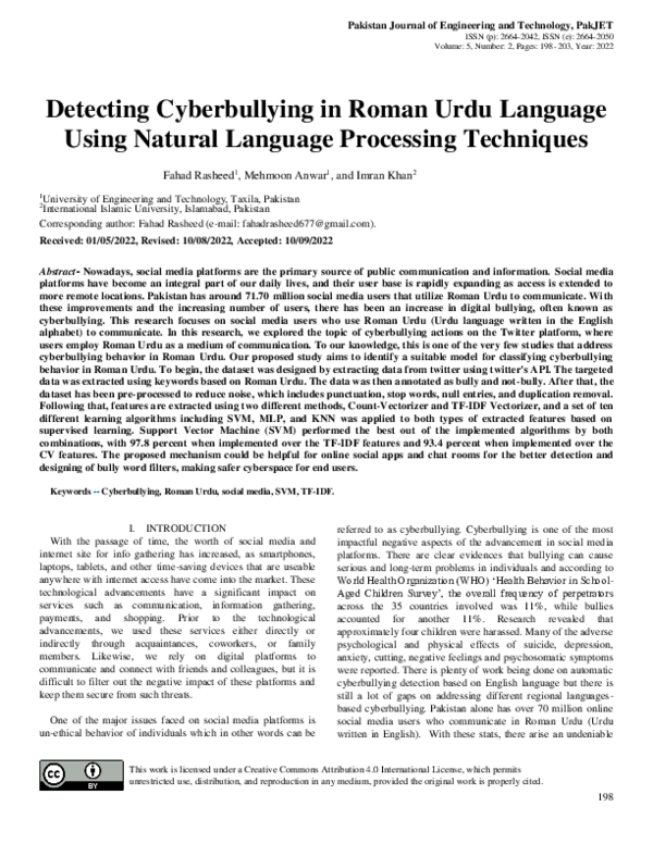 Pdf Detecting Cyberbullying In Roman Urdu Language Using Natural Language Processing Techniques