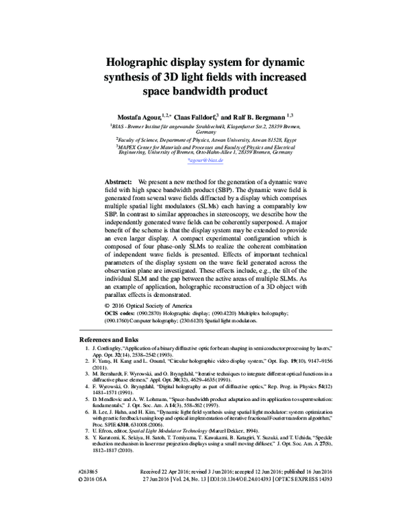 (PDF) Holographic display system for dynamic synthesis of 3D light fields with increased space ...