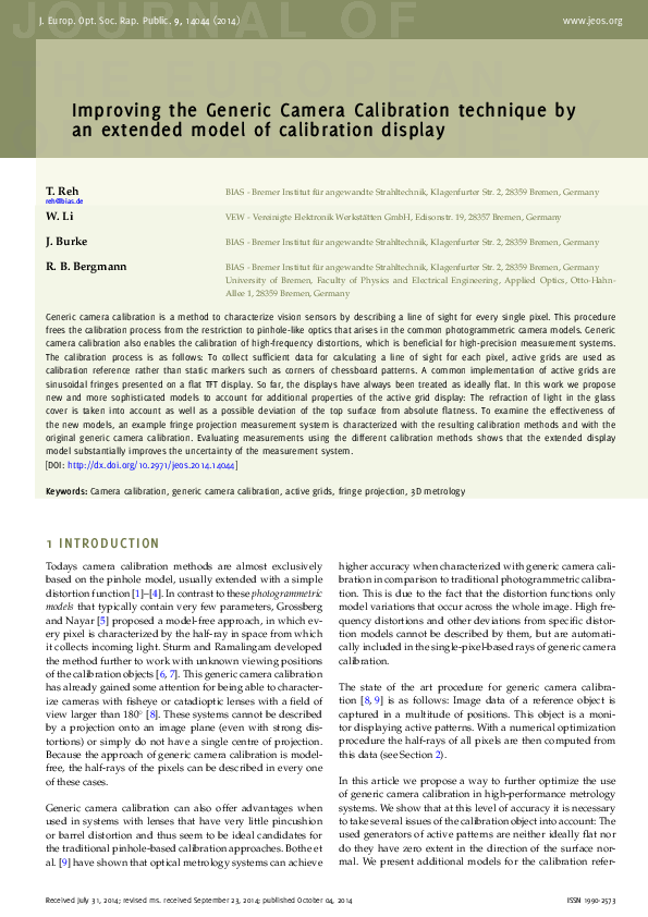 (PDF) Improving the Generic Camera Calibration technique by an extended model of calibration display