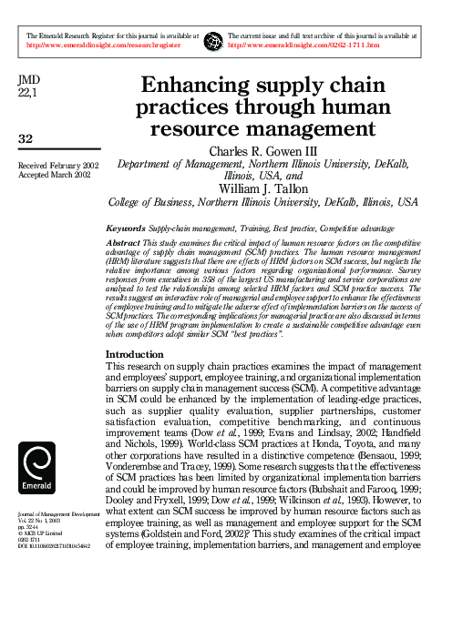 (PDF) Enhancing supply chain practices through human resource management