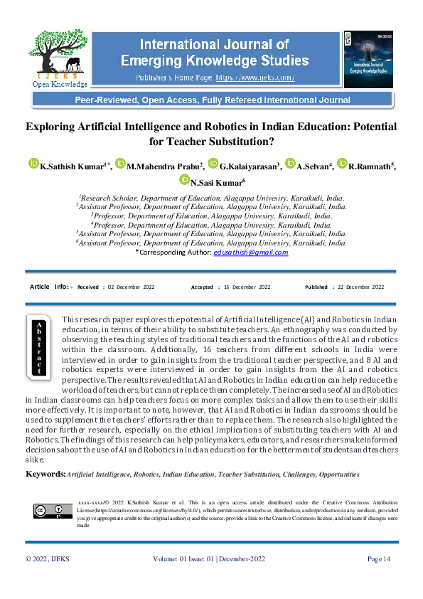 (PDF) Exploring Artificial Intelligence and Robotics in Indian Education: Potential for Teacher ...