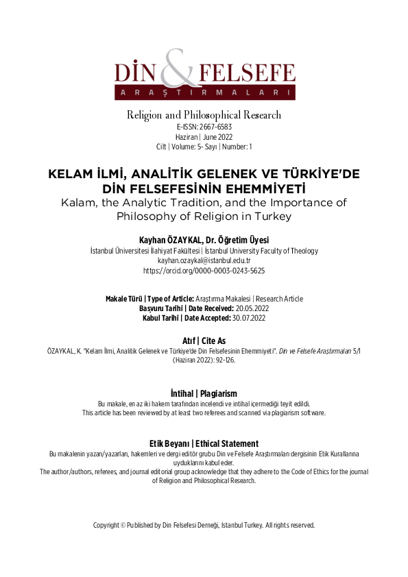 (PDF) Kelam İlmi, Analitik Gelenek ve Türkiye'de Din Felsefesinin Ehemmiyeti