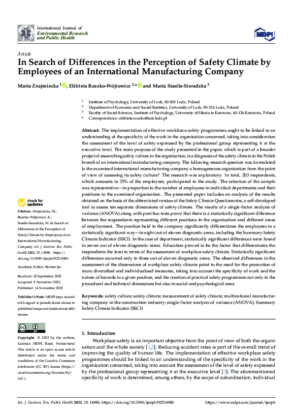 (PDF) In Search of Differences in the Perception of Safety Climate by Employees of an ...