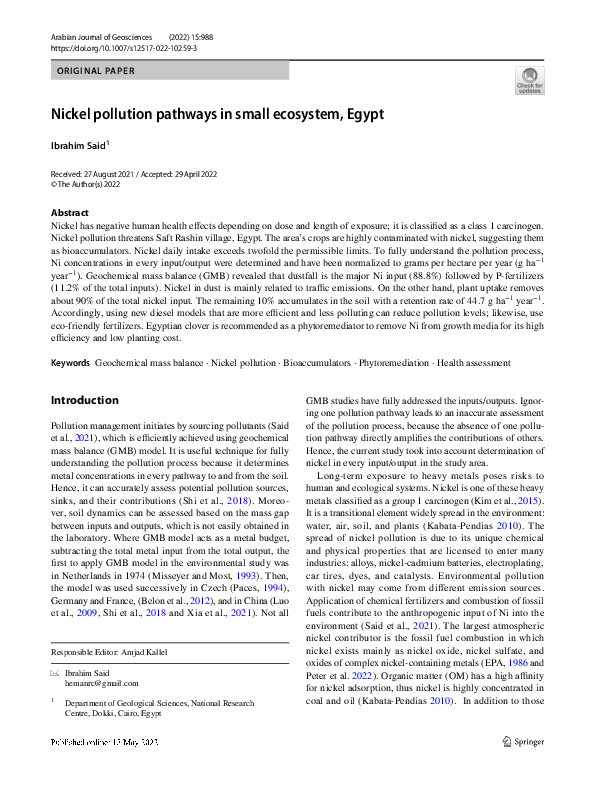 (PDF) Nickel pollution pathways in small ecosystem, Egypt