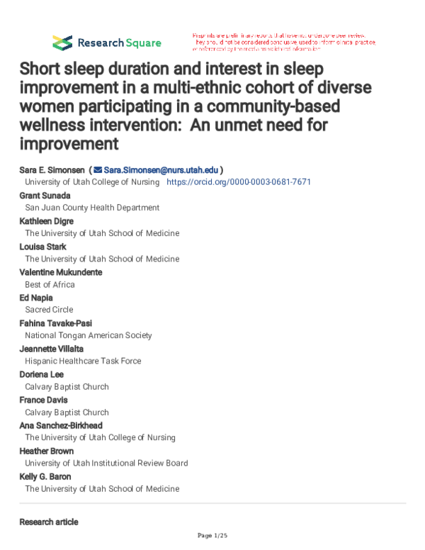 (PDF) Short sleep duration and interest in sleep improvement in a multi ...