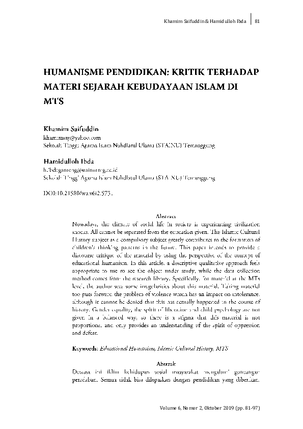 (PDF) Humanisme Pendidikan : Kritik Terhadap Materi Sejarah Kebudayaan Islam DI MTS