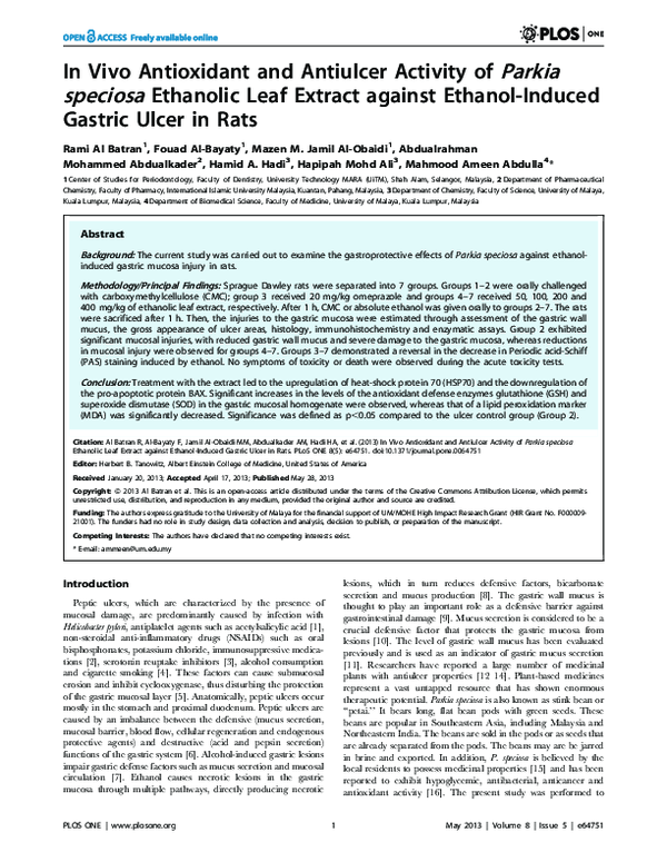 (PDF) In Vivo Antioxidant and Antiulcer Activity of Parkia speciosa Ethanolic Leaf Extract ...