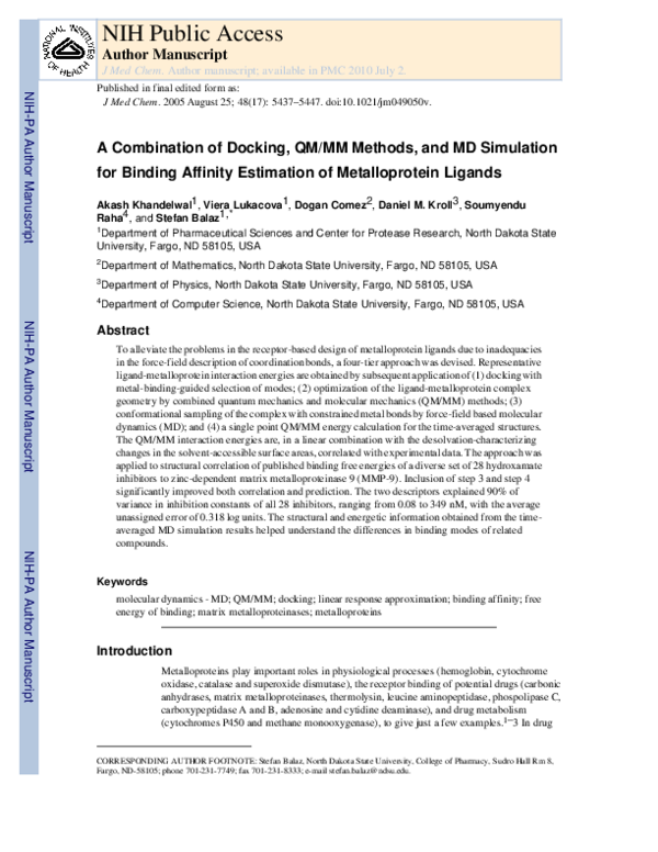 Pdf A Combination Of Docking Qm Mm Methods And Md Simulation For