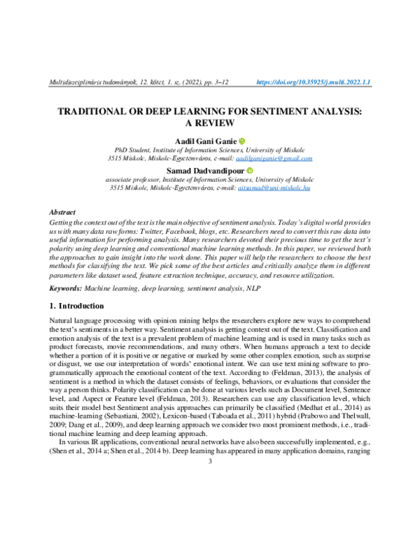 (PDF) Traditional or deep learning for sentiment analysis : A review