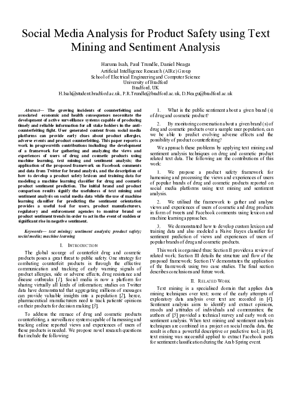 Pdf Social Media Analysis For Product Safety Using Text Mining And Sentiment Analysis Daniel