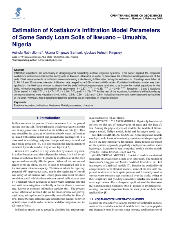 (PDF) Estimation of Kostiakov’s Infiltration Model Parameters of Some ...