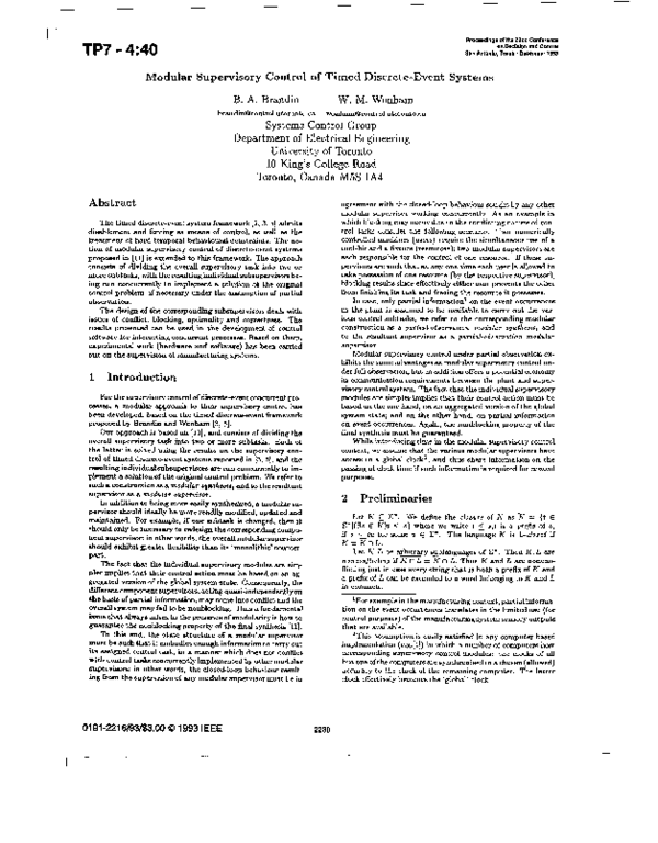 Pdf Modular Supervisory Control Of Timed Discrete Event Systems Walter Wonham 
