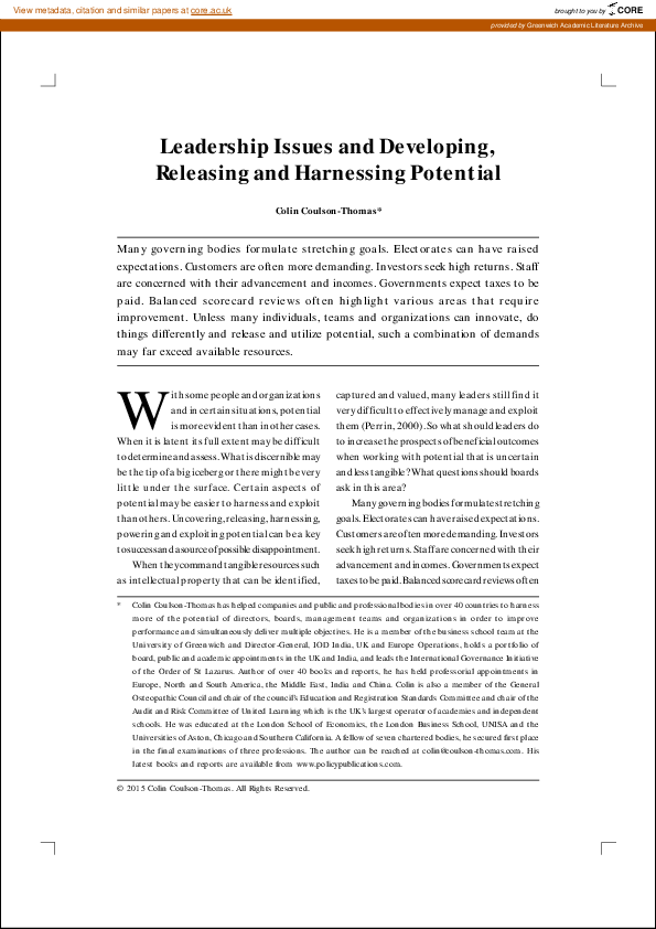 (PDF) Leadership issues and developing, releasing and harnessing potential