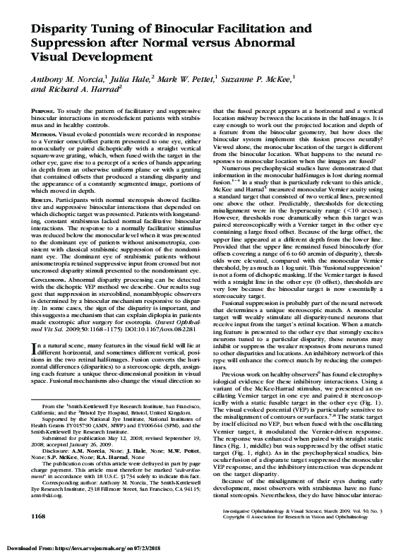 (PDF) Disparity Tuning of Binocular Facilitation and Suppression after Normal versus Abnormal ...