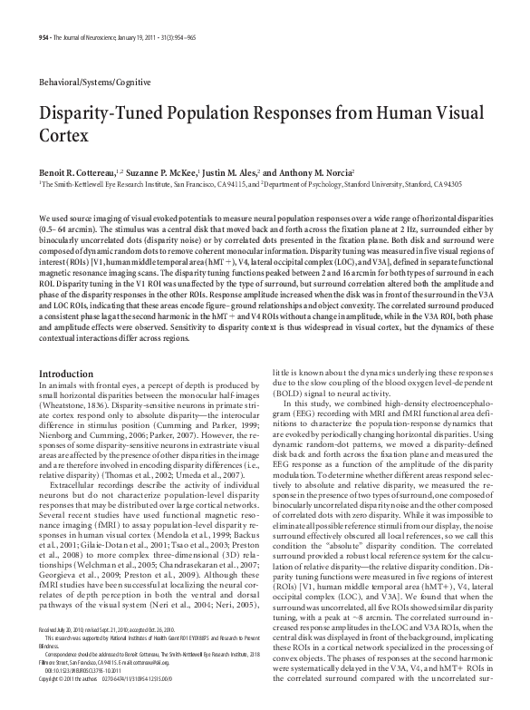Pdf Disparity Tuned Population Responses From Human Visual Cortex Suzanne Mckee