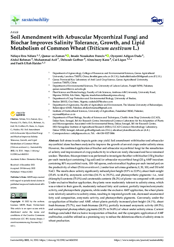 (PDF) Soil Amendment with Arbuscular Mycorrhizal Fungi and Biochar Improves Salinity Tolerance ...