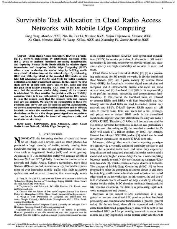 (PDF) Survivable Task Allocation in Cloud Radio Access Networks With Mobile-Edge Computing