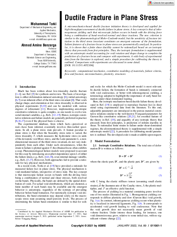 (PDF) Ductile Fracture in Plane Stress