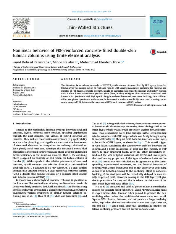 Pdf Nonlinear Behavior Of Frp Reinforced Concrete Filled Double Skin