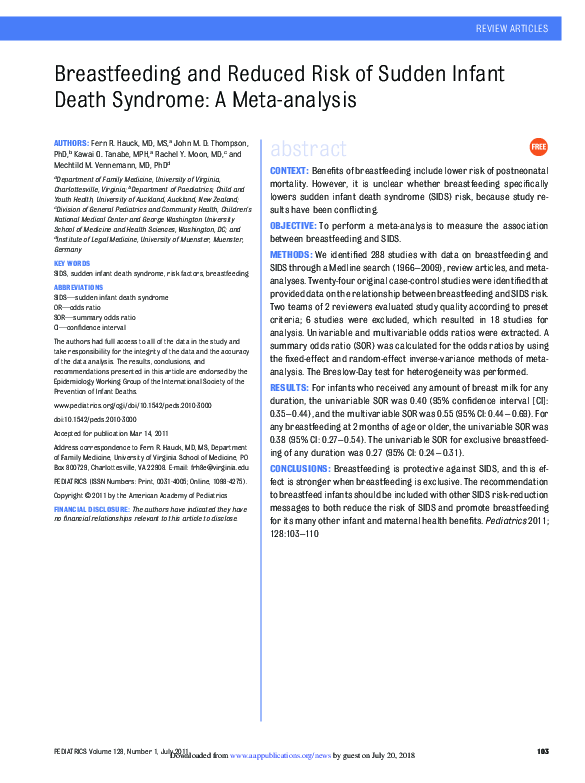 (PDF) Breastfeeding and reduced risk of Sudden Infant Death Syndrome: A ...