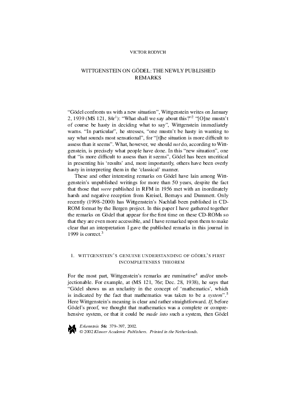 (PDF) Wittgenstein on Gödel: The Newly Published Remarks