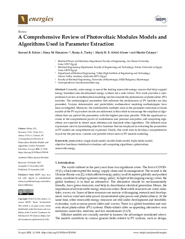 Pdf A Comprehensive Review Of Photovoltaic Modules Models And Algorithms Used In Parameter