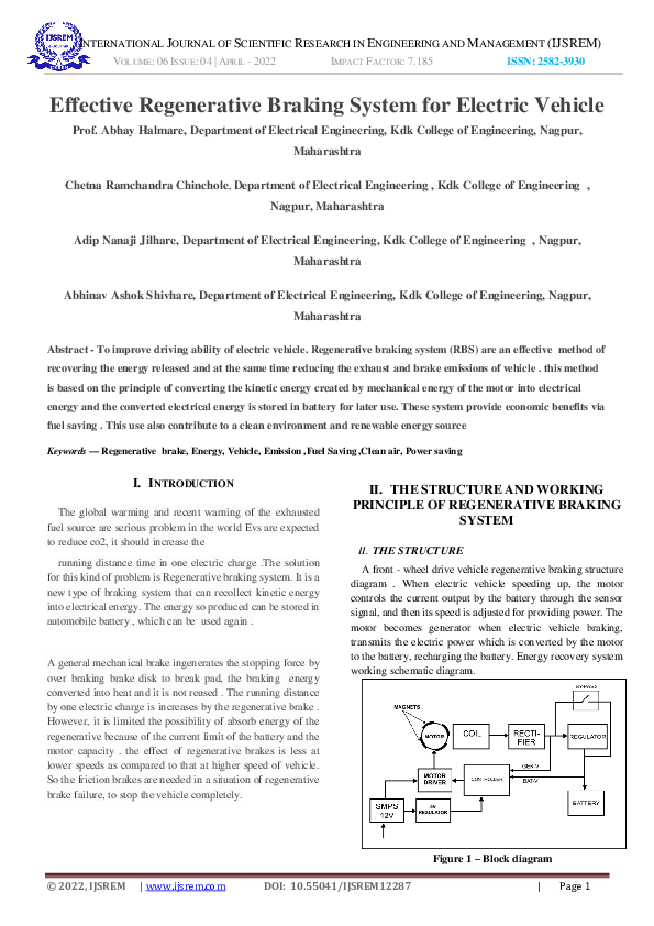 (PDF) Effective Regenerative Braking System for Electric Vehicle