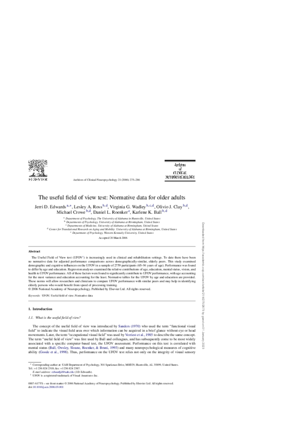 (PDF) The useful field of view test: Normative data for older adults