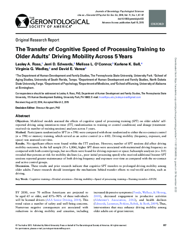 (PDF) The Transfer of Cognitive Speed of Processing Training to Older ...
