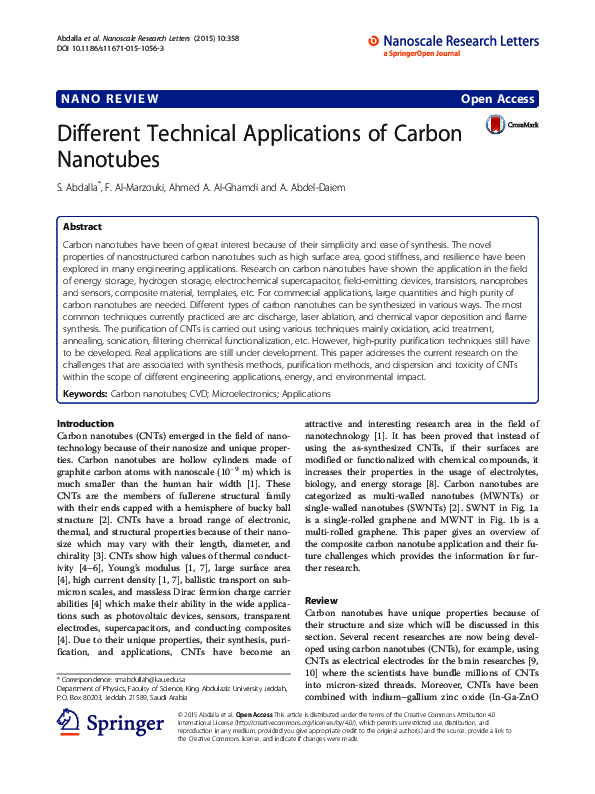 (PDF) Different Technical Applications of Carbon Nanotubes