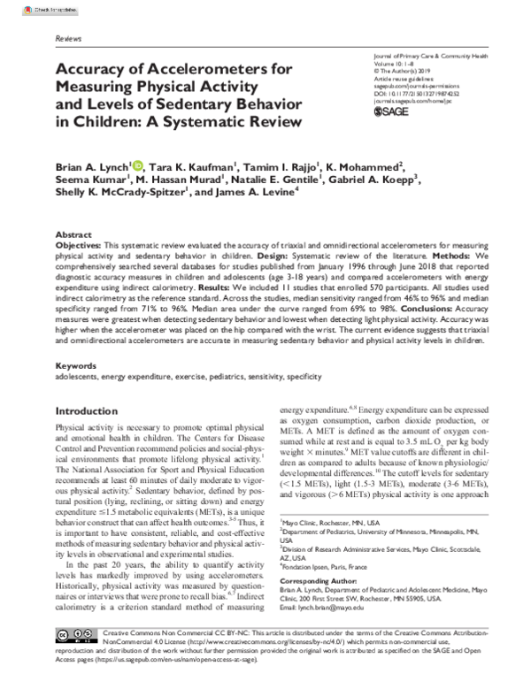 Pdf Accuracy Of Accelerometers For Measuring Physical Activity And