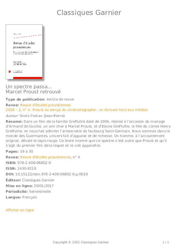 (PDF) Un spectre passa… - Marcel Proust retrouvé | Jean-Pierre Sirois ...