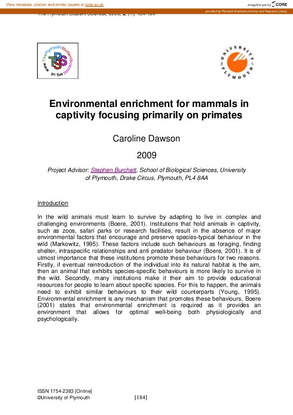 (PDF) Environmental enrichment for mammals in captivity focusing ...